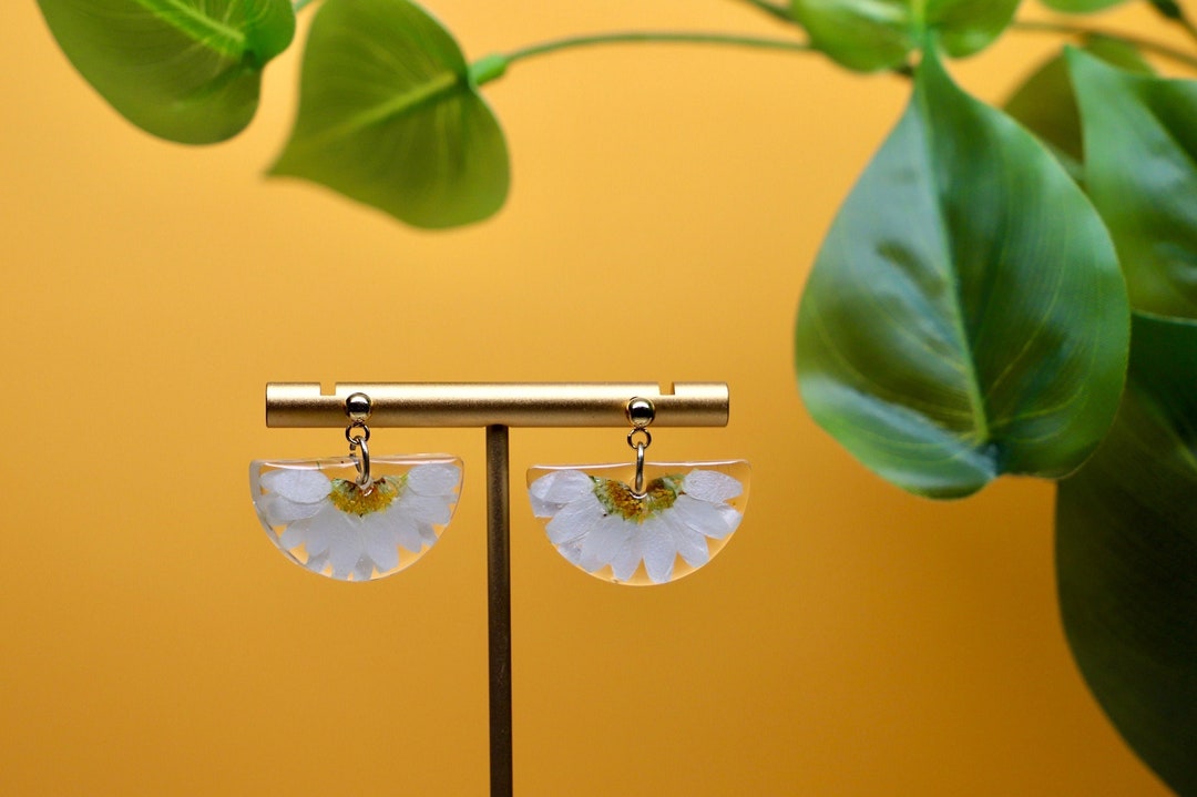Half Daisy Dangles, Real Pressed Daisy Earrings, Gold Ball Post, Resin ...