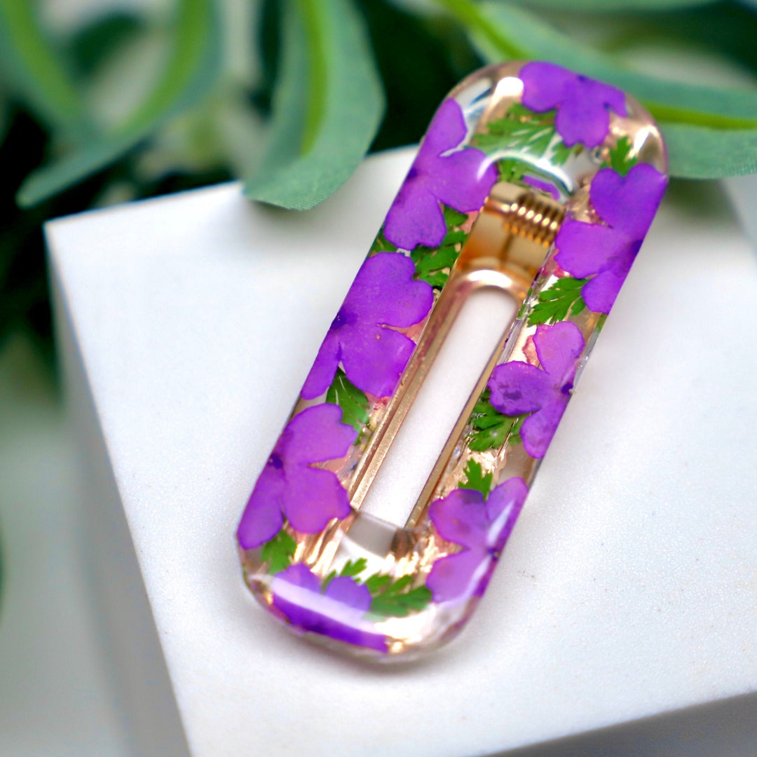 Handmade Resin Hair Clip, Real Pressed Purple Flowers - Etsy