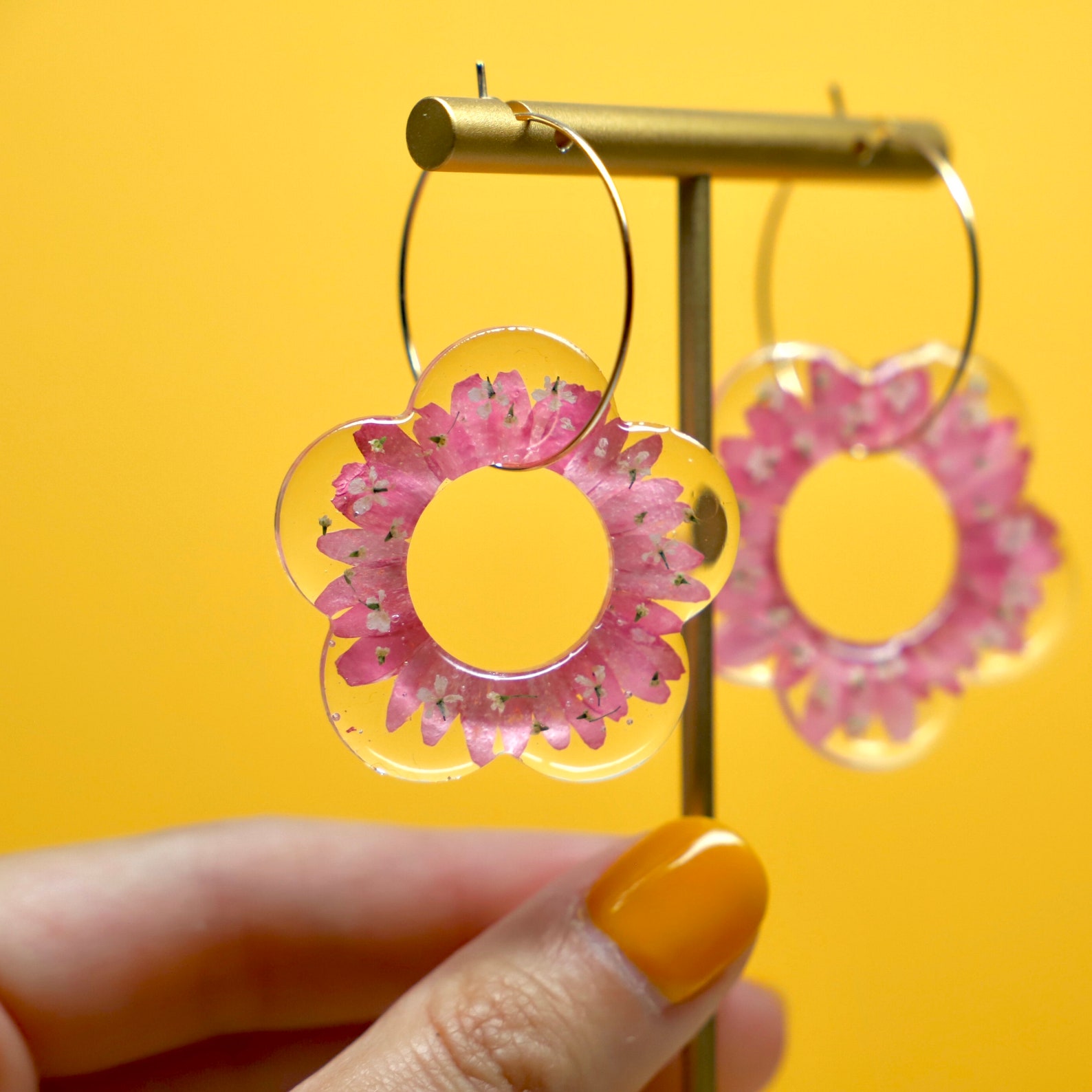 Pink Daisy Hoops Flower Power Hoops Chunky Pink Hoops Real | Etsy