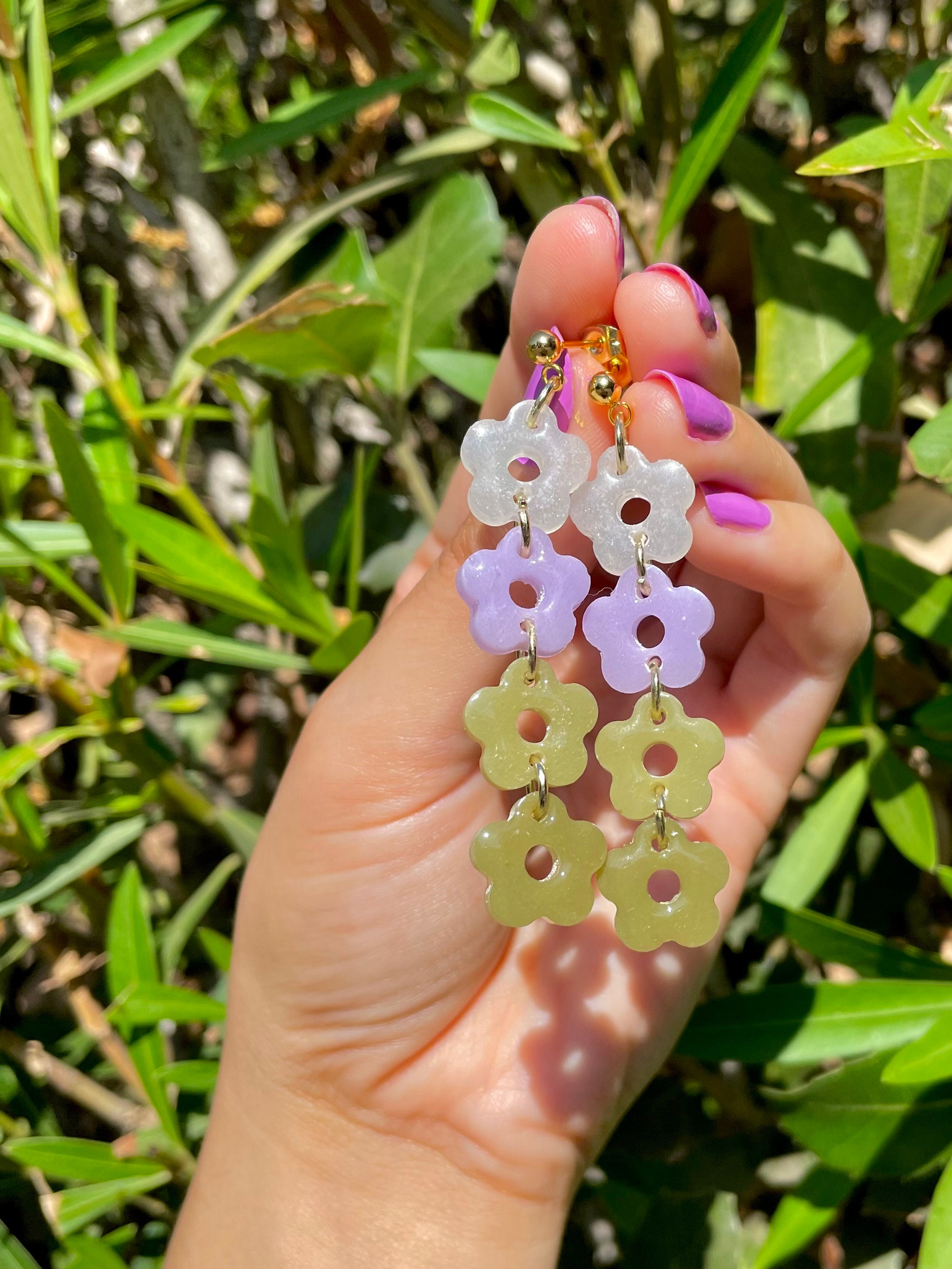 Long Flower Drop Earrings Four Flower Links White Purple | Etsy