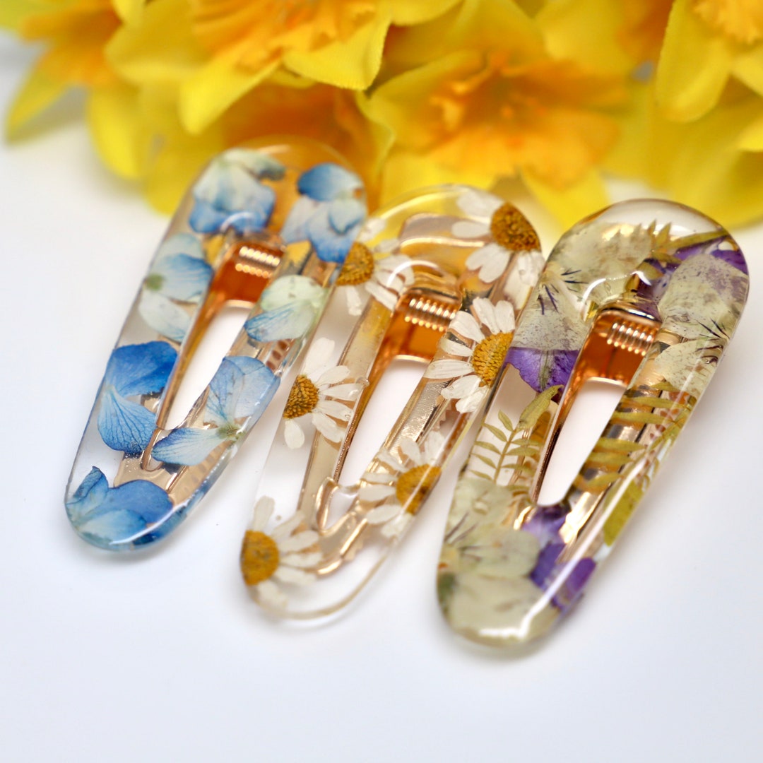 3 Pcs Real Pressed Flower Hair Clips, Set of Three Floral Clips, Resin ...