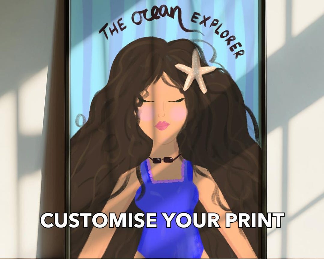 Personalised Sea Swimmer Art Print, Ocean Girl Wall Art, Beach Girl ...