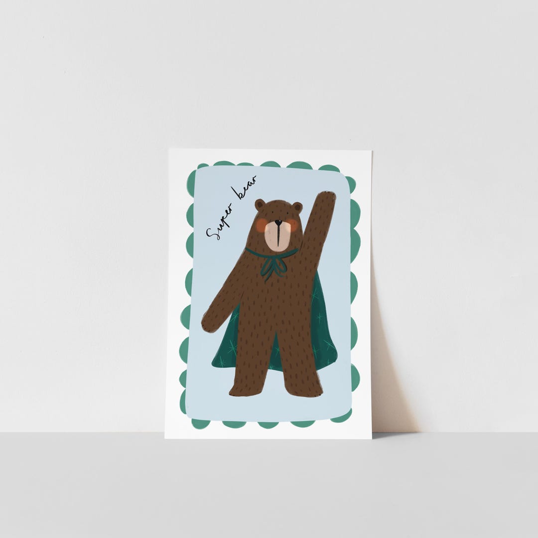 Super Bear Woodland Animals Wall Art: Blue Nursery Print - Etsy