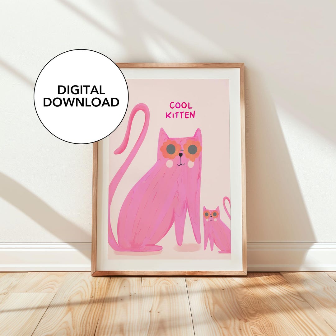 DIGITAL PRINT Cool Kitten Pink Abstract Art Print, Colourful Cat Wall ...