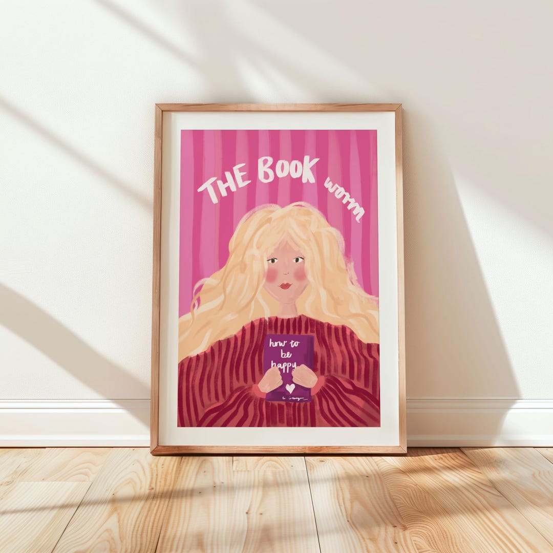 Pink Reading Corner Artwork, Girly Book Worm Print, Reading ...