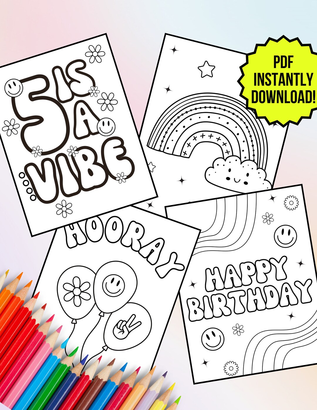 5th Birthday - Five is A Vibe Birthday Groovy Retro Coloring Pages - Etsy
