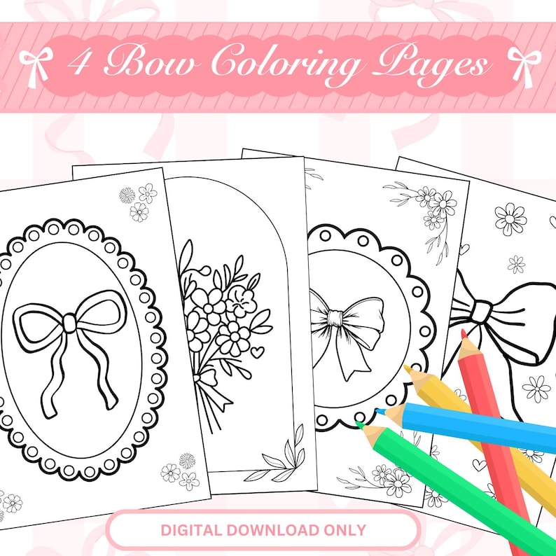 Four Bow Coloring Pages Cute Activity for Kids Adult Coloring Digital ...
