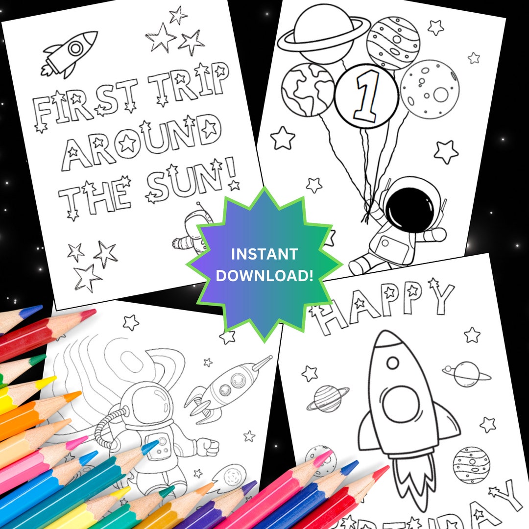 1st Birthday - First Trip Around the Sun Coloring Pages, 4 Pages Bundle ...