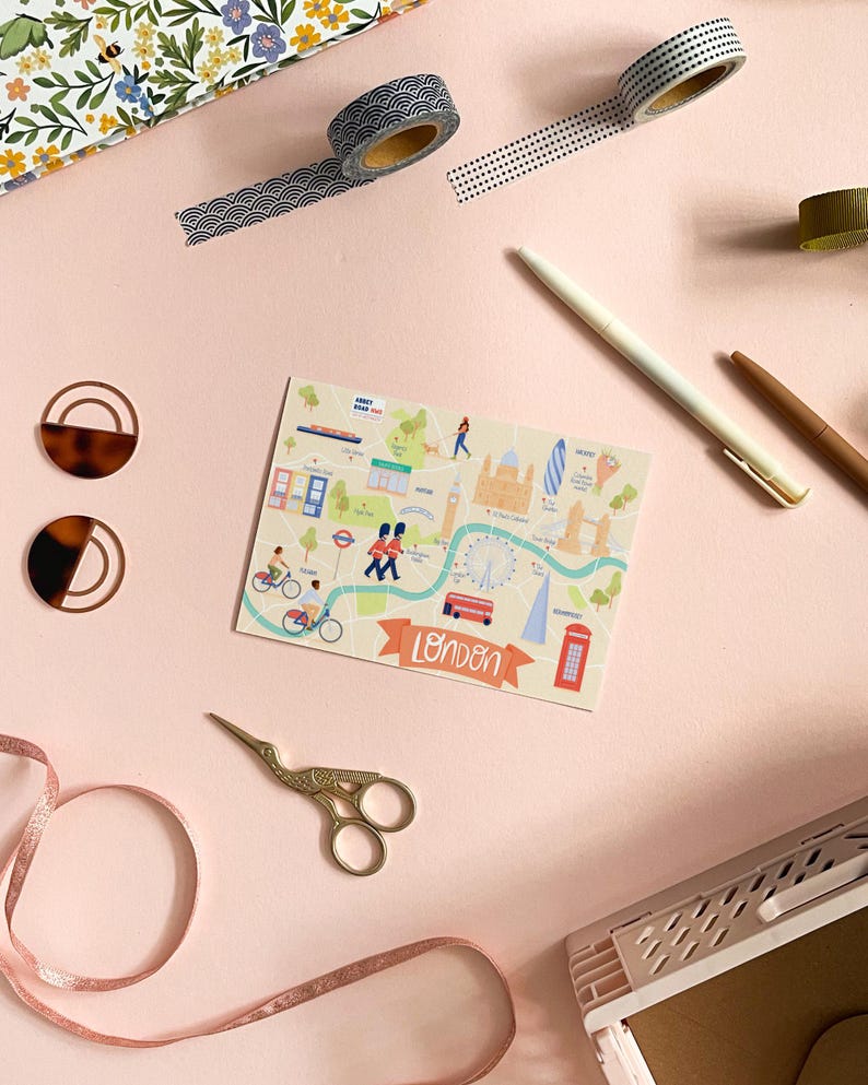 London Map Postcard, Map of London, Travel Illustration Postcard ...