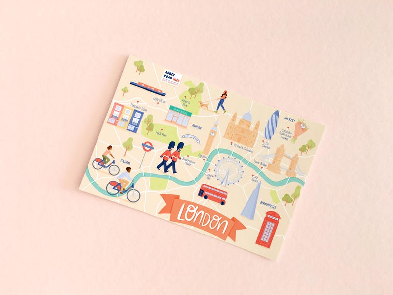 London Map Postcard, Map of London, Travel Illustration Postcard ...