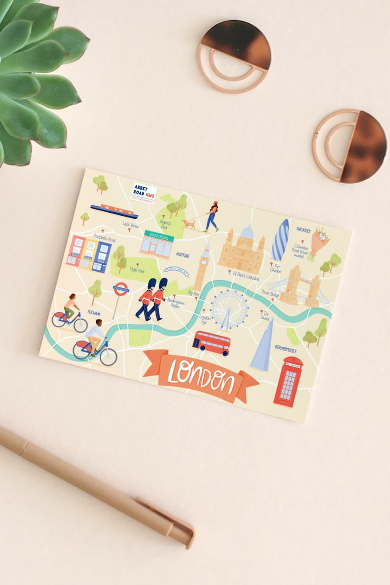 London Map Postcard, Map of London, Travel Illustration Postcard ...
