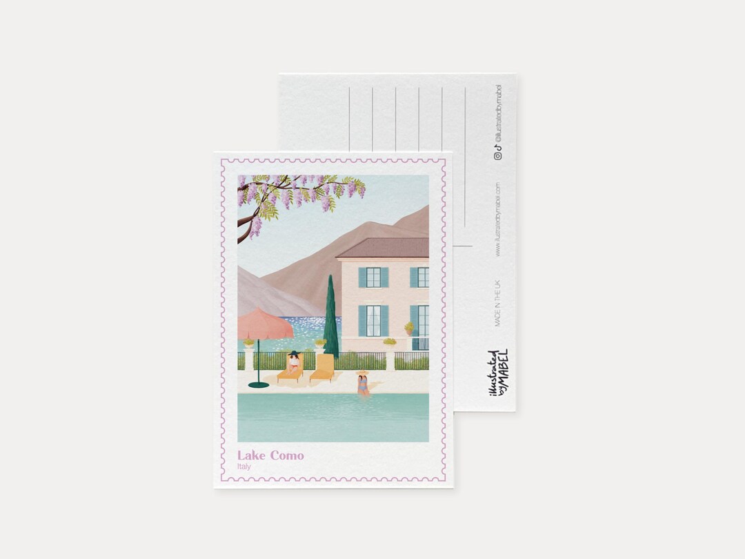 Lake Como Travel Postcard, Italian Travel Keepsake, Italy Illustrated ...