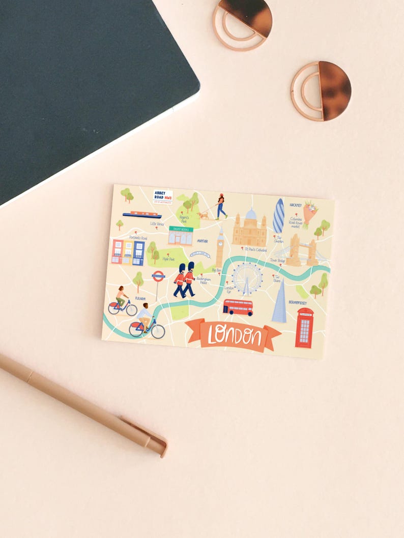 London Map Postcard, Map of London, Travel Illustration Postcard ...