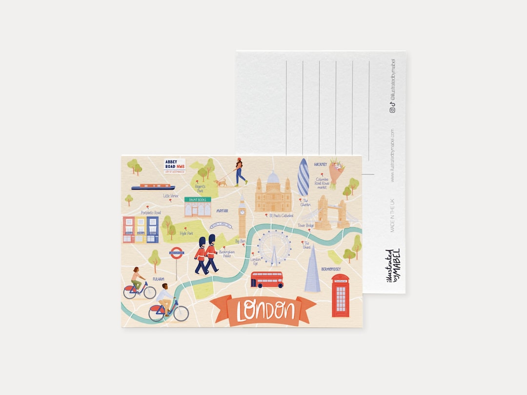 London Map Postcard, Map of London, Travel Illustration Postcard ...