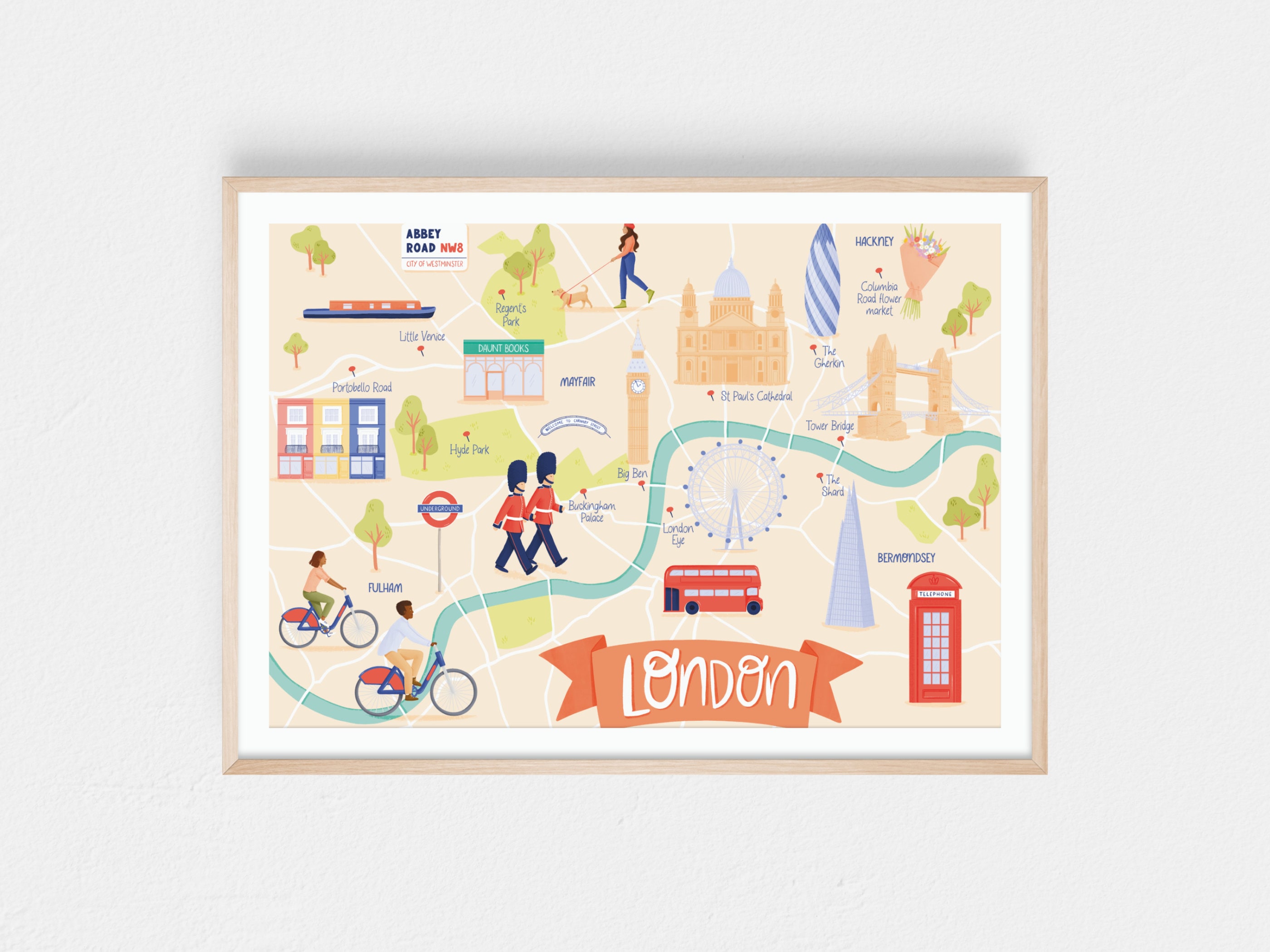 London Map Print, Illustrated Map of London Travel Print, City of ...