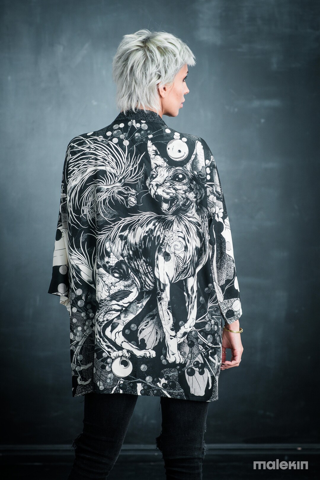 Short Unisex Kimono Neko Mono Sphynx Cat Print Robe Caftan One Size ...