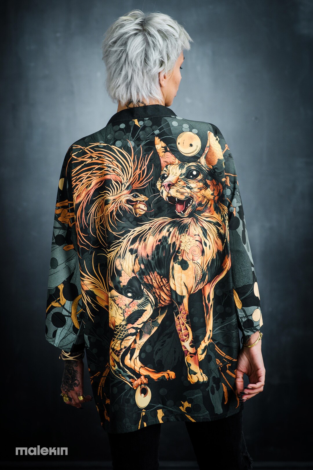 Short Unisex Kimono Neko Green Sphynx Cat Print Robe Caftan One Size ...