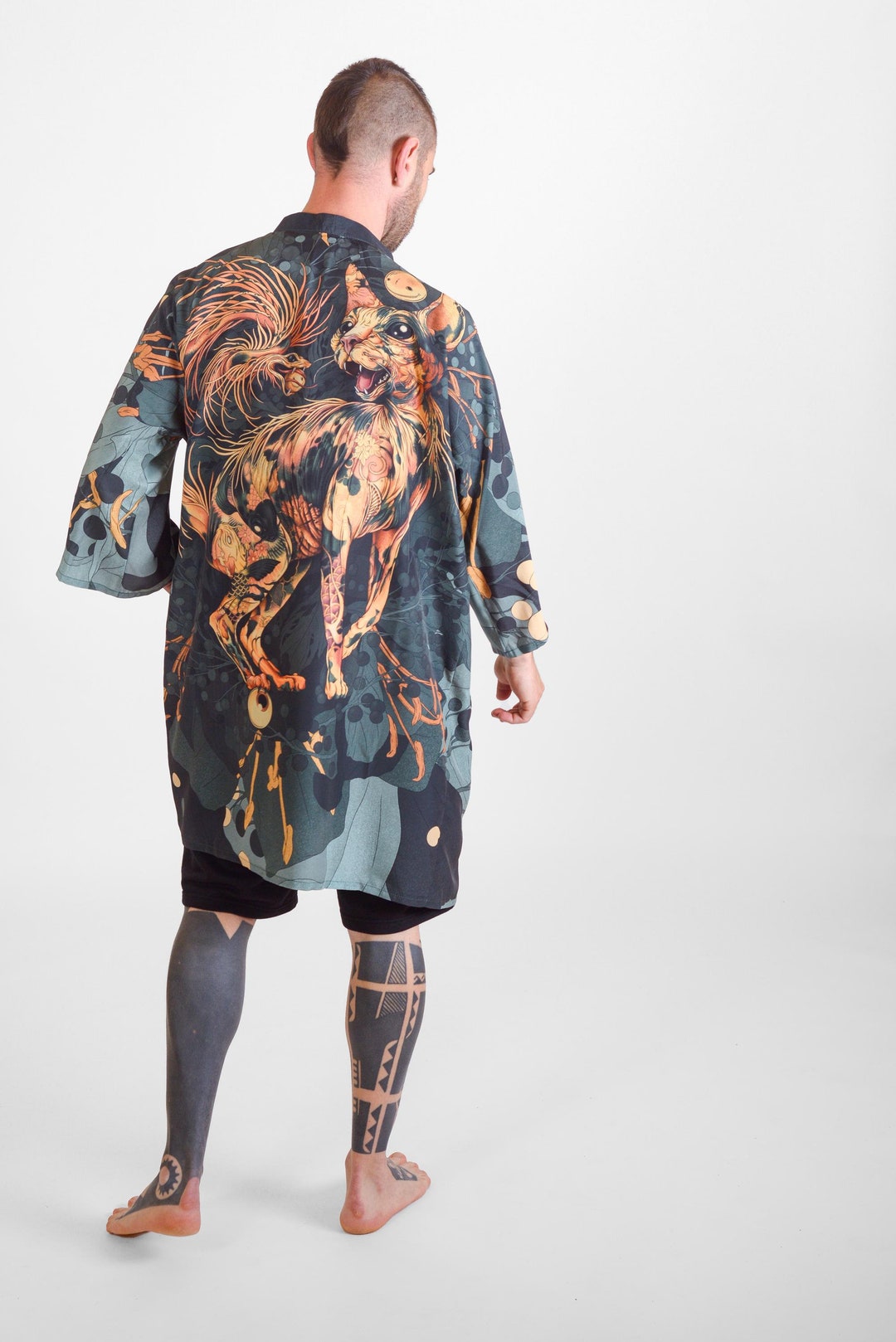 Long Unisex Kimono Neko Green Sphynx Cat Print Robe Caftan One Size ...