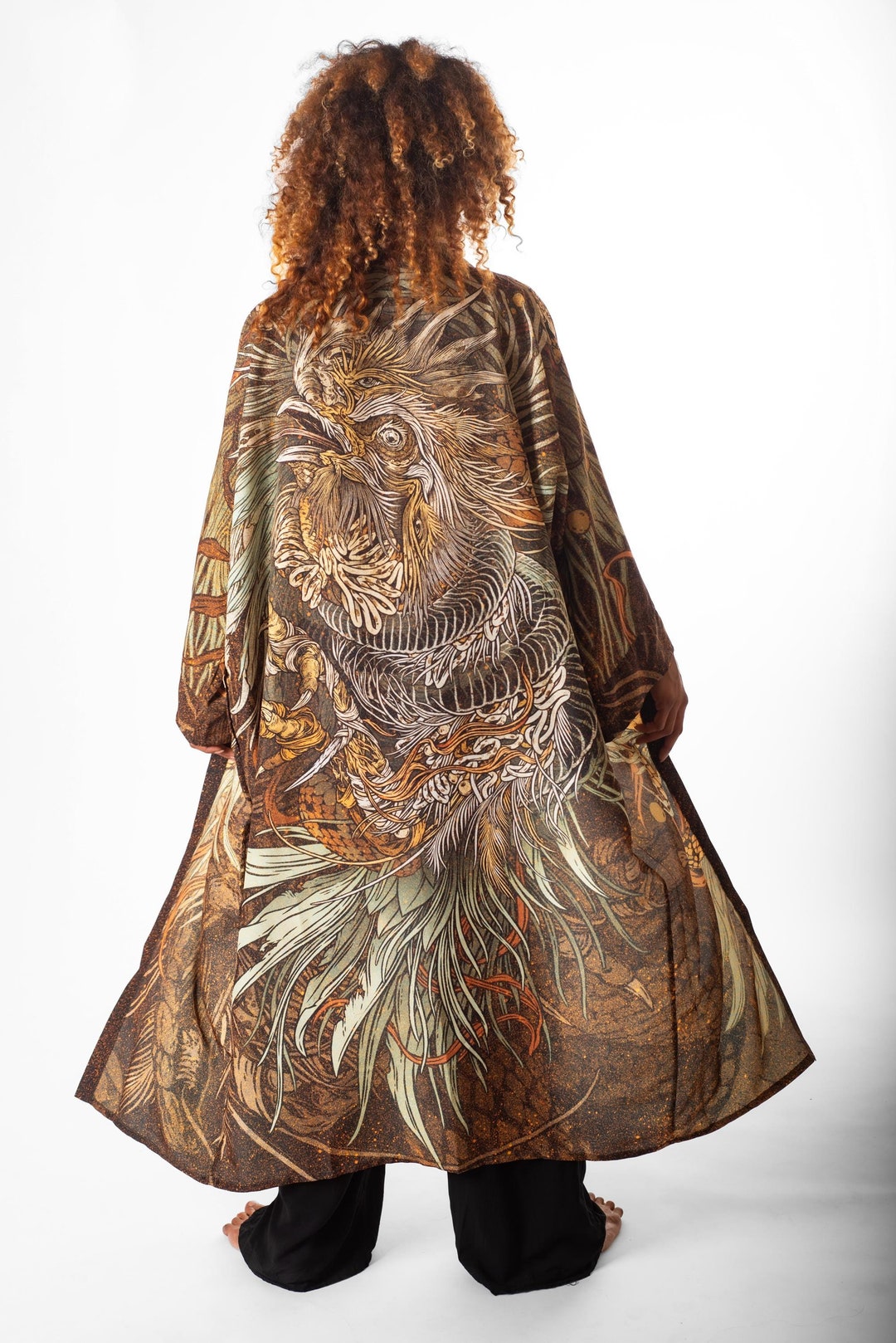 KUSEN Dark Extra Long Unisex Rooster Snake Art Kimono Robe: One Size ...