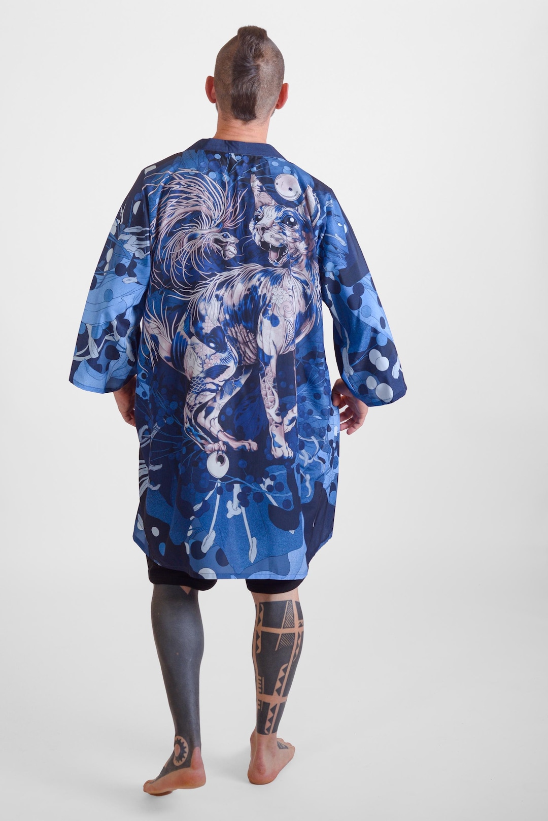 Long Unisex Kimono Neko Blue Sphynx Cat Print Robe Caftan One Size ...
