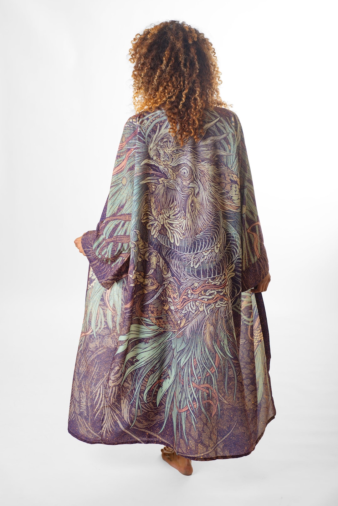 KUSEN Light Extra Long Unisex Rooster Snake Art Kimono Robe: One Size ...