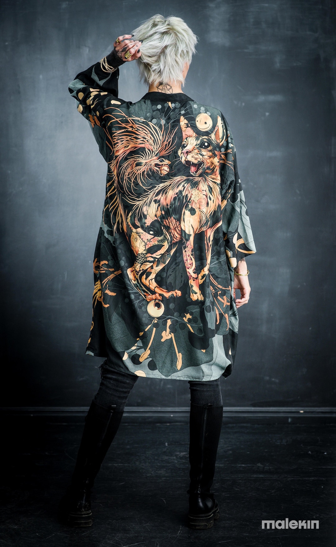 Long Unisex Kimono Neko Green Sphynx Cat Print Robe Caftan One - Etsy