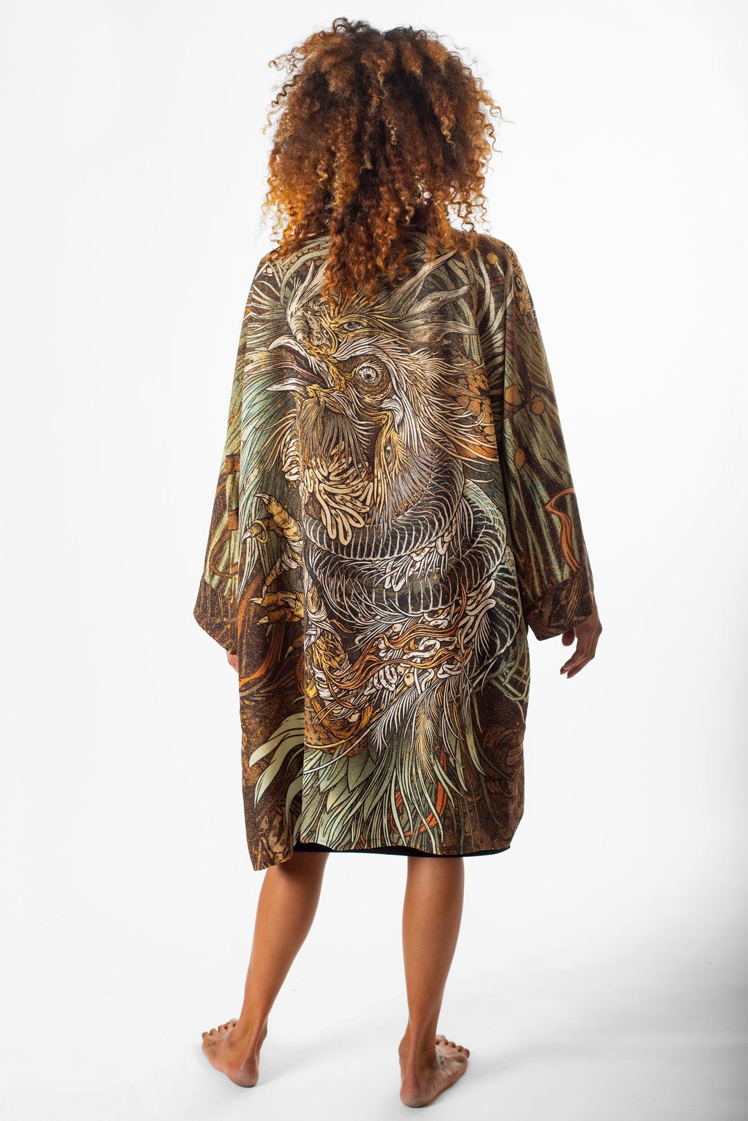 Malekin KUSEN DARK LONG Unisex Rooster Snake Art Printed Kimono Robe ...