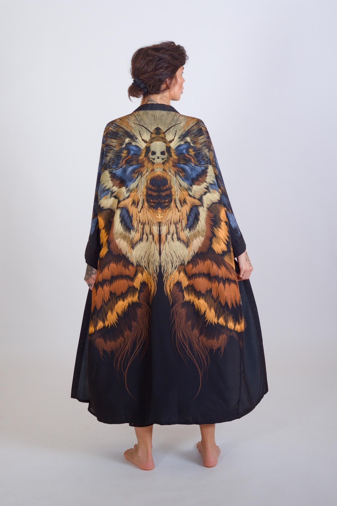 Malekin SHINOGA DARK EXTRALONG Unisex Death Moth Art Printed Kimono ...