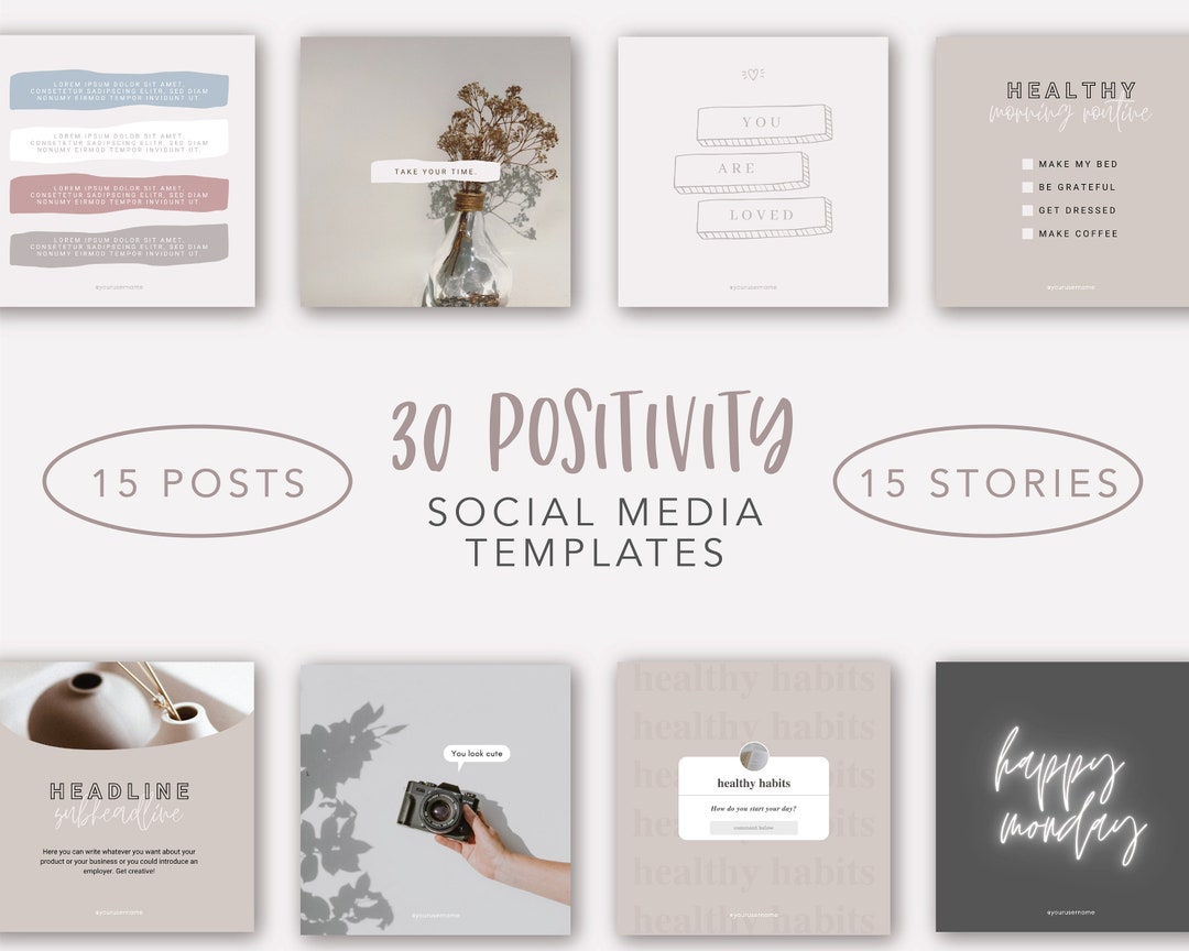 30 EDITABLE CUSTOM Positivity Social Media Template Bundle | Engagement ...