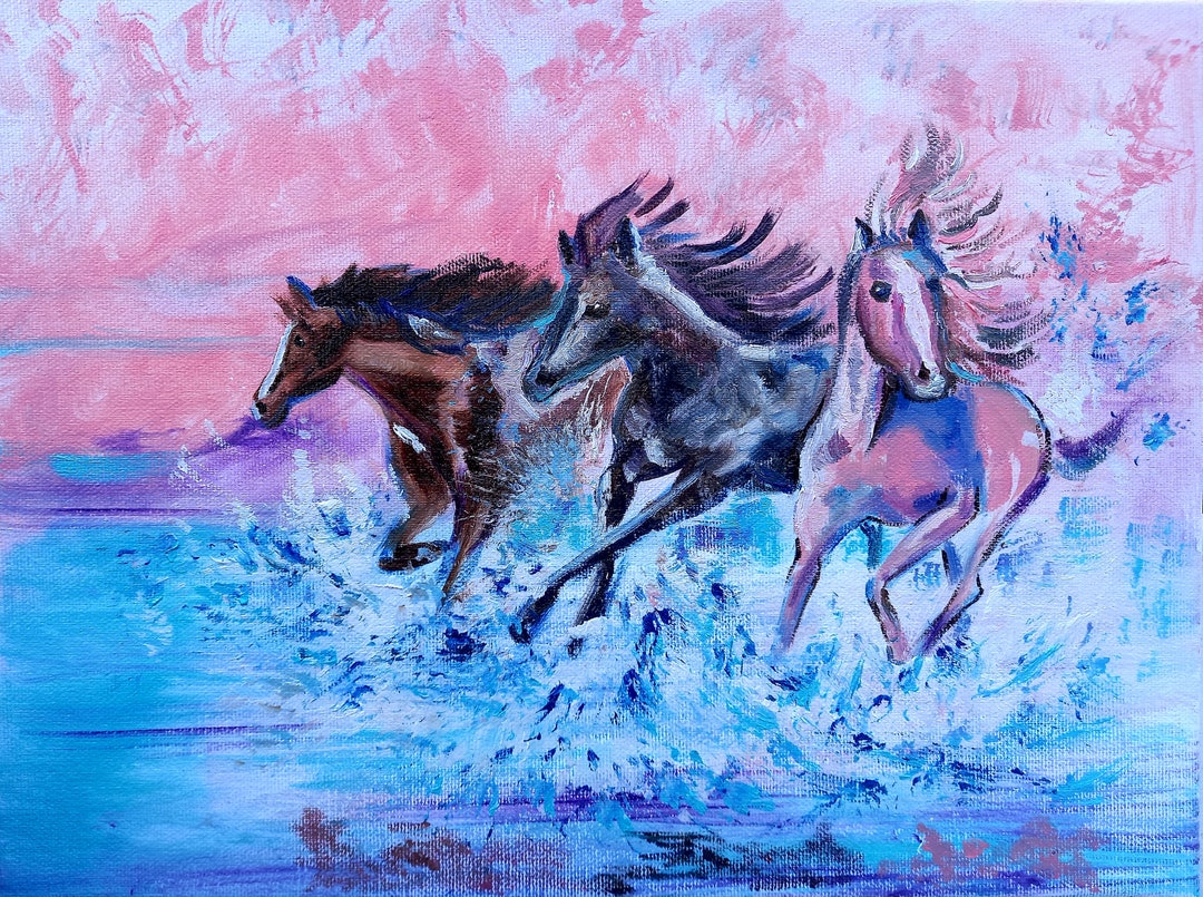 Horses Gallop on Water Oil Painting Original Art Splashing Water 15 "by ...