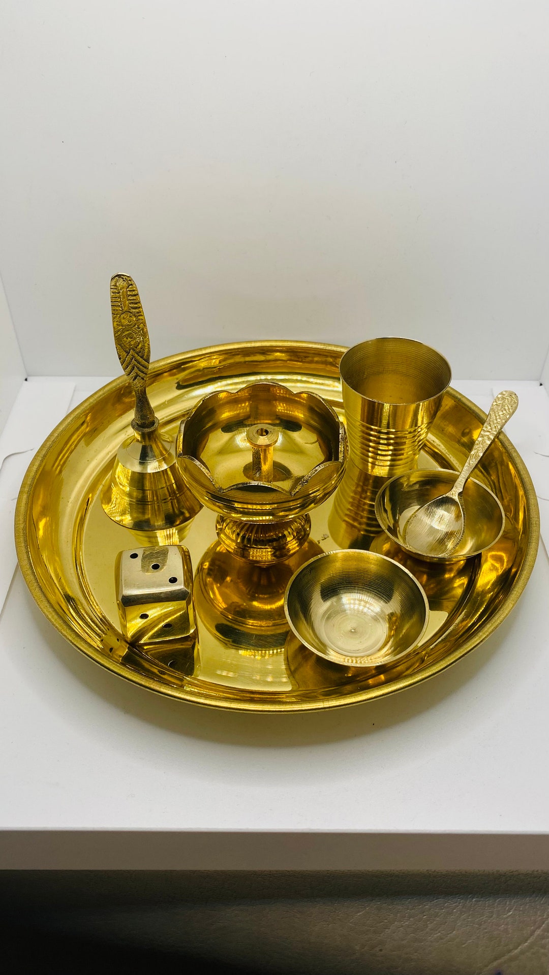 Pure Brass Pooja 7 Diameter Thali With Accessories Combo Pack Diwali ...