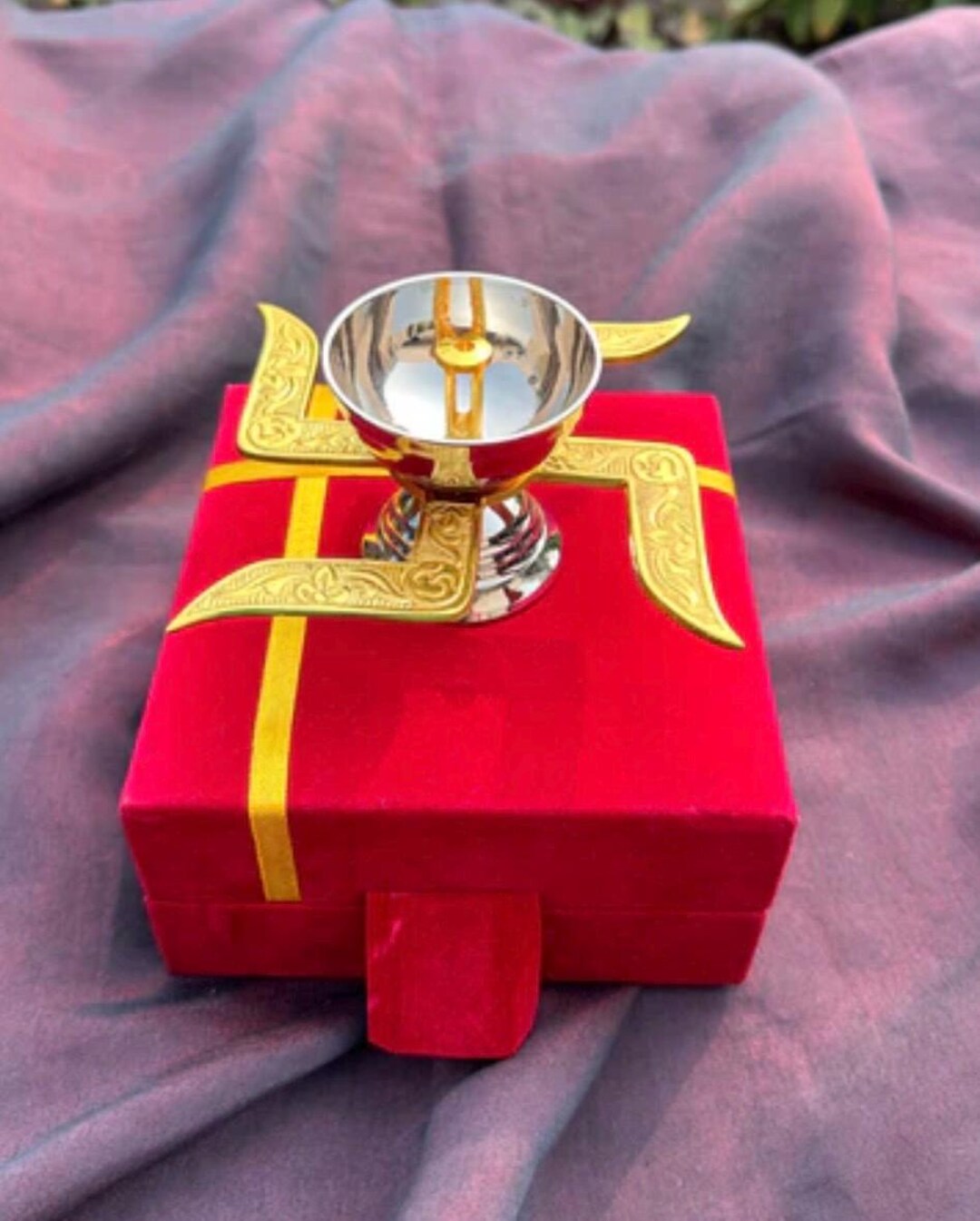 Brass Holy Swastik Shape Diya With Red Velvet Box, Swastik Ethnic ...