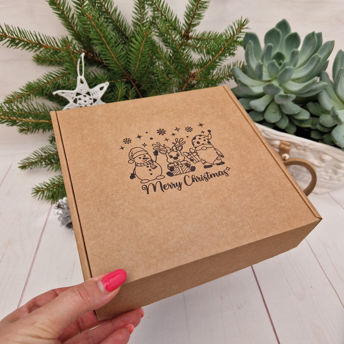 Christmas Kraft Empty Gift Box. Sturdy, Cute, Medium 7.8" X 7.8" X 2.2 ...