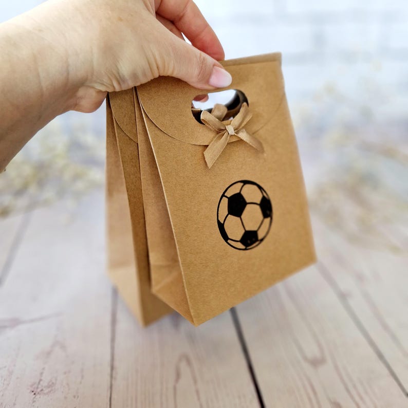 Football Party Gift Bag. Eco-friendly Kraft Bag With Ribbon. Hand ...