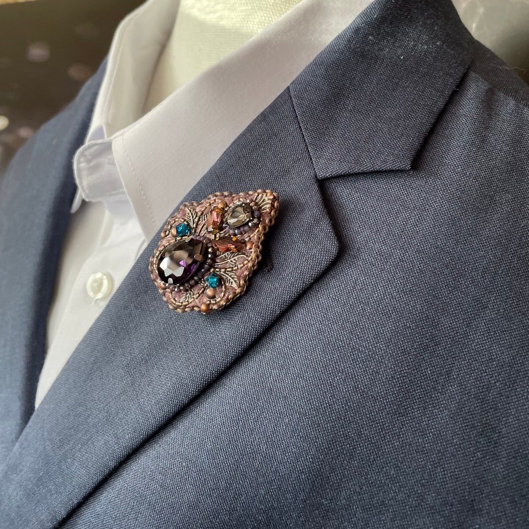 Handmade Man Brooch Crystals, Japanese Seed Beads, Eco Leather ...