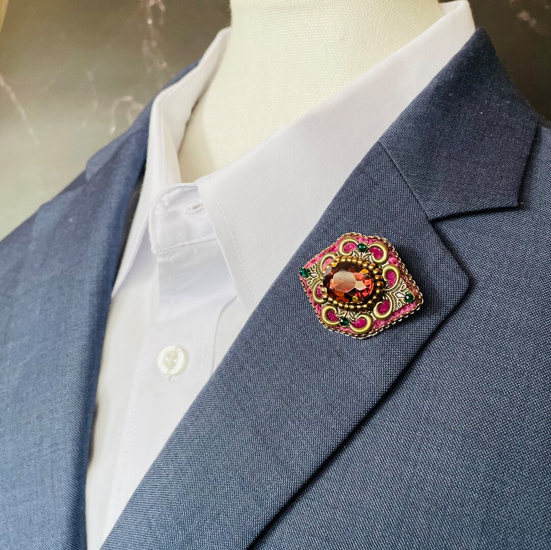 Handcrafted Man Brooch Crystals, Japanese Seed Beads, Eco Leather ...