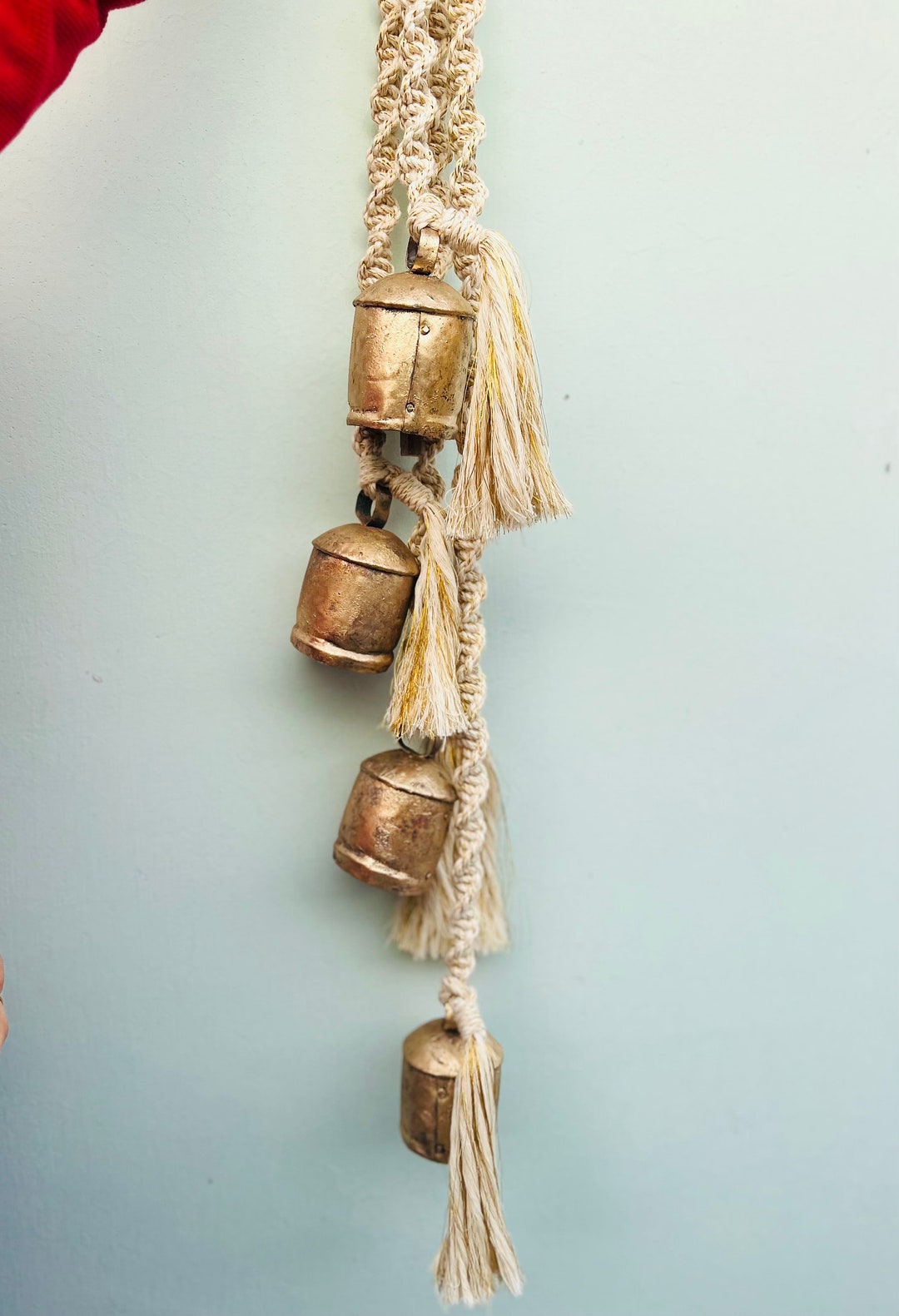 Rustic Gold Bells Macrame Wreath Hanger Harmony Cow Bells Vintage ...