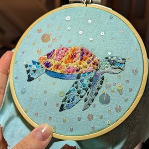 Sea Turtle Hand Embroidered Beaded Mini Hoop - Etsy
