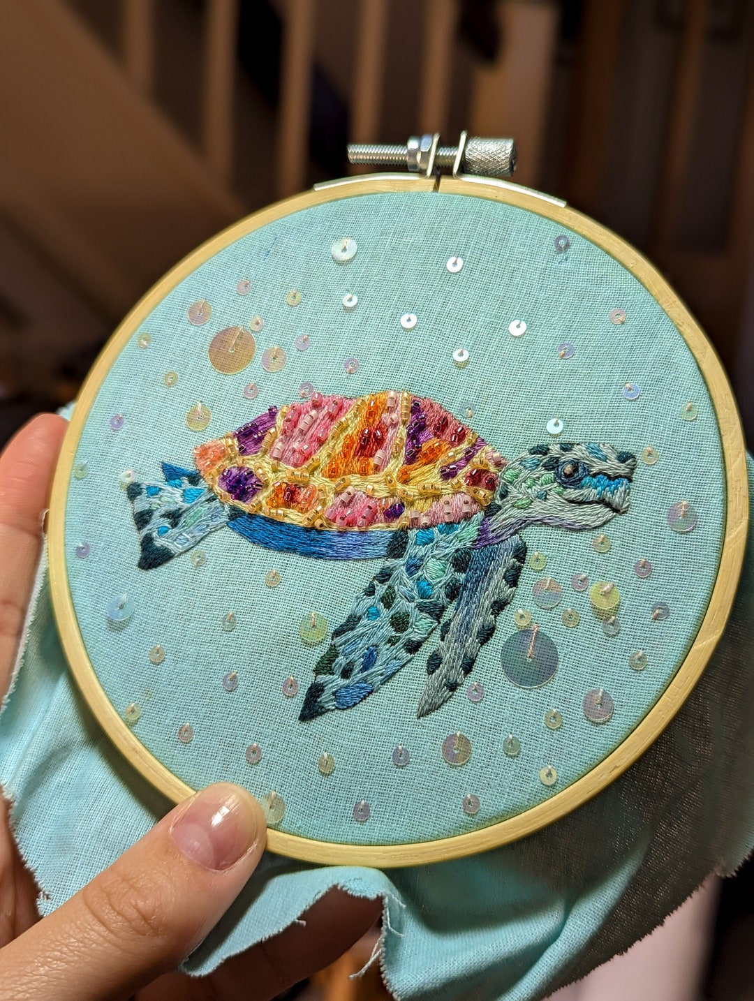 Sea Turtle Hand Embroidered Beaded Mini Hoop - Etsy