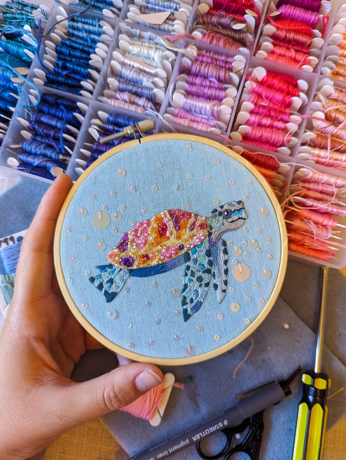 Sea Turtle Hand Embroidered Beaded Mini Hoop - Etsy
