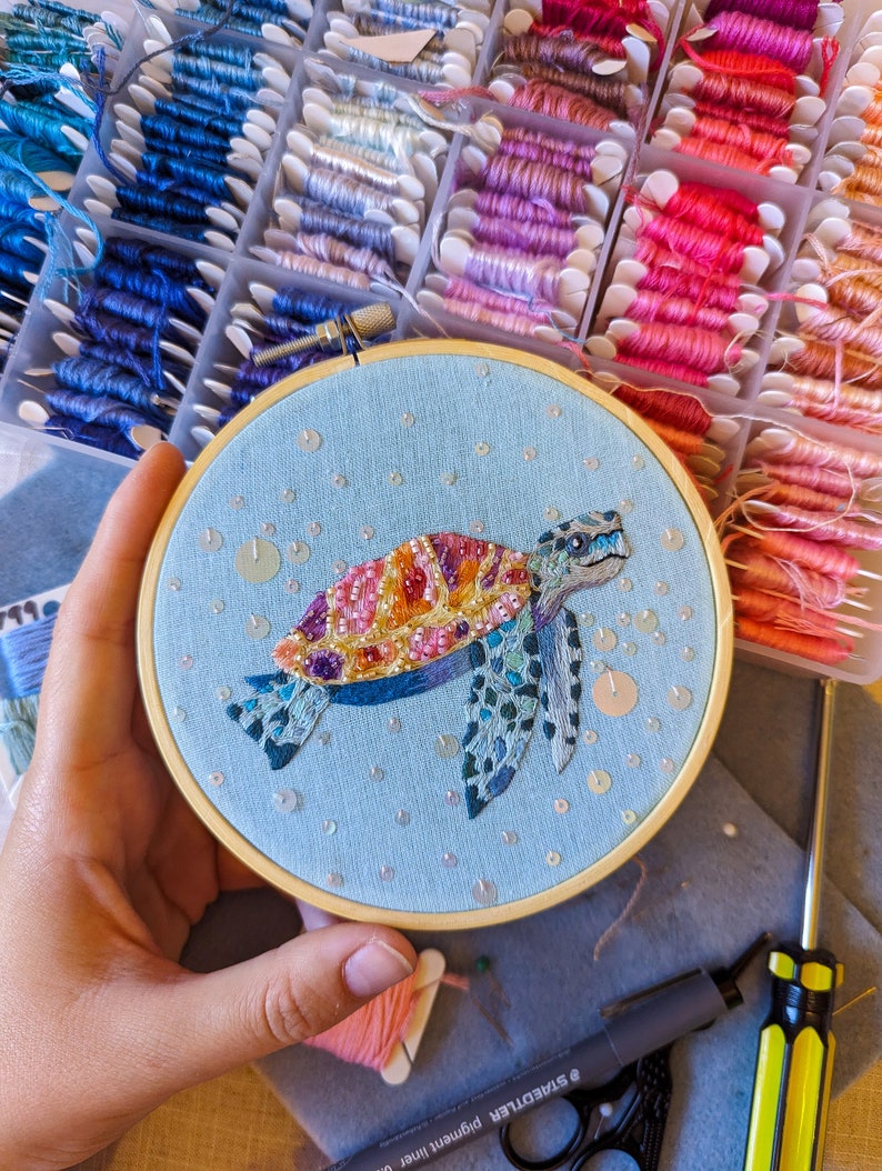Sea Turtle Hand Embroidered Beaded Mini Hoop - Etsy