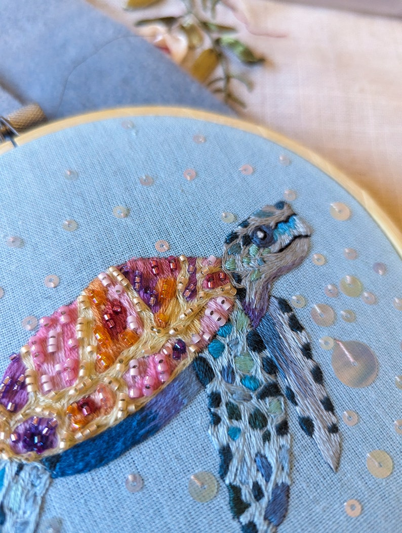 Sea Turtle Hand Embroidered Beaded Mini Hoop - Etsy