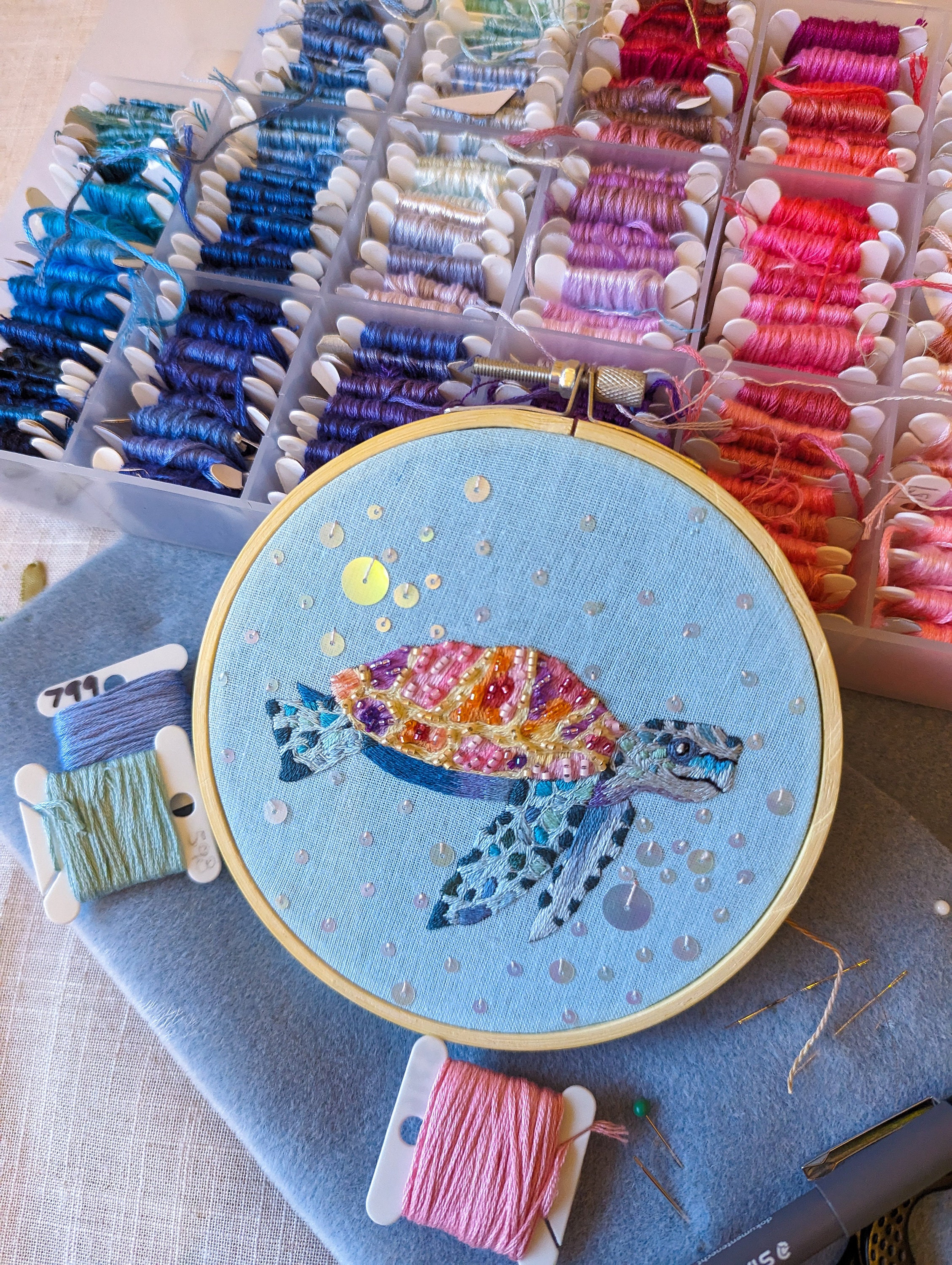 Sea Turtle Hand Embroidered Beaded Mini Hoop - Etsy
