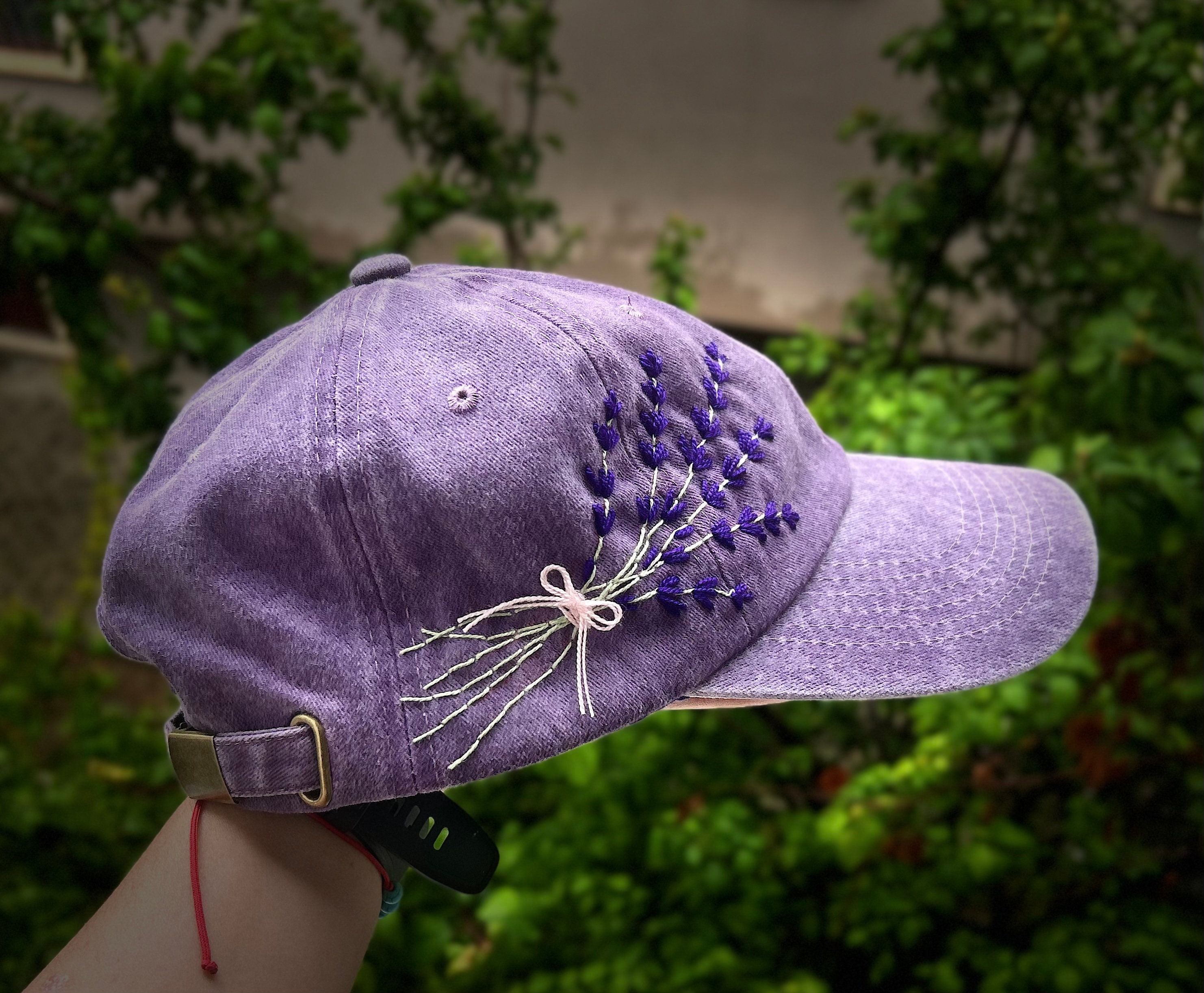 Purple Hand Embroidered Baseball Hat, Lavender Embroidered Denim Cap ...