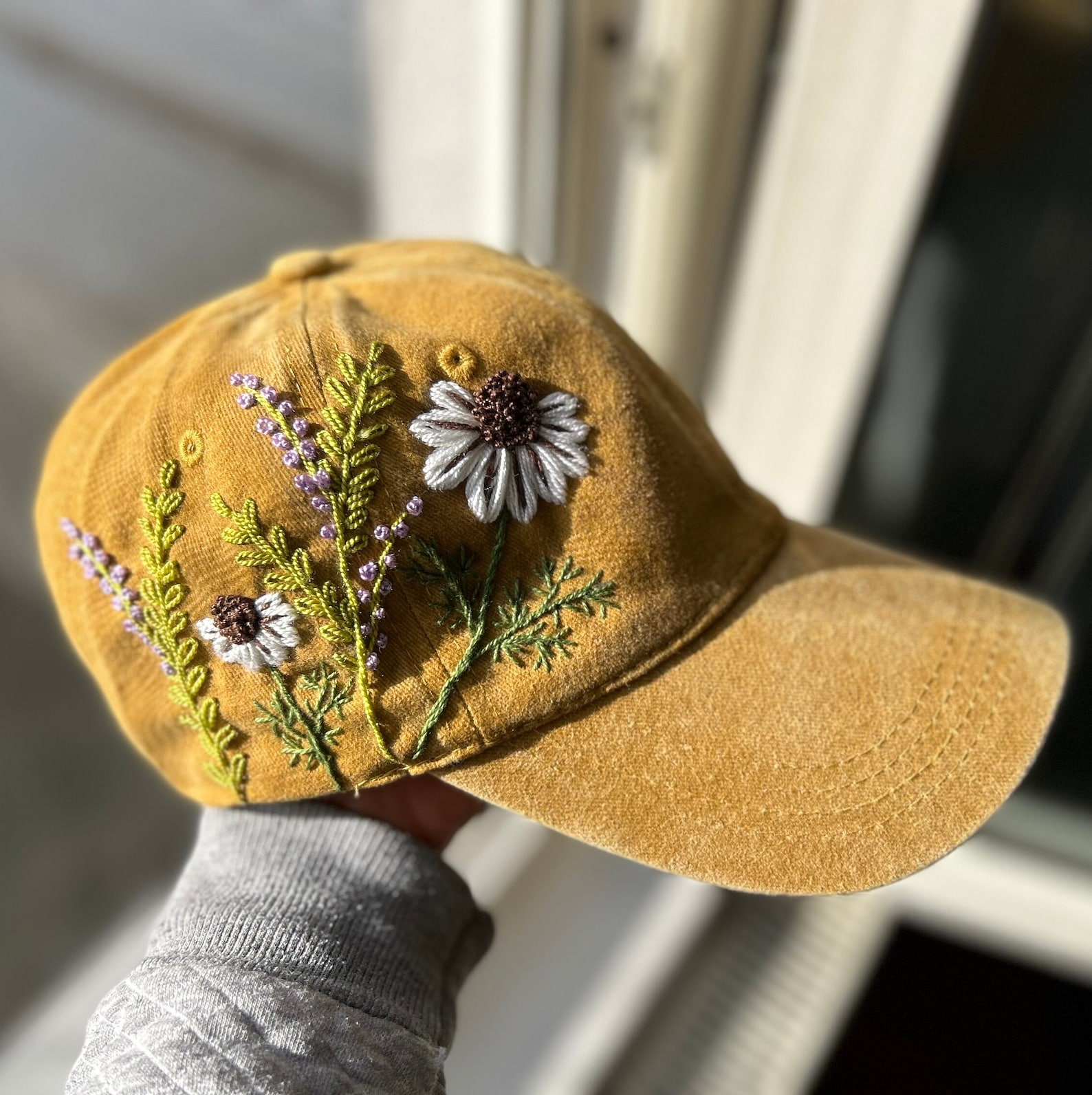 Hand Embroidered Denim Baseball Cap: Mustard Yellow Daisy Floral Hat - Etsy