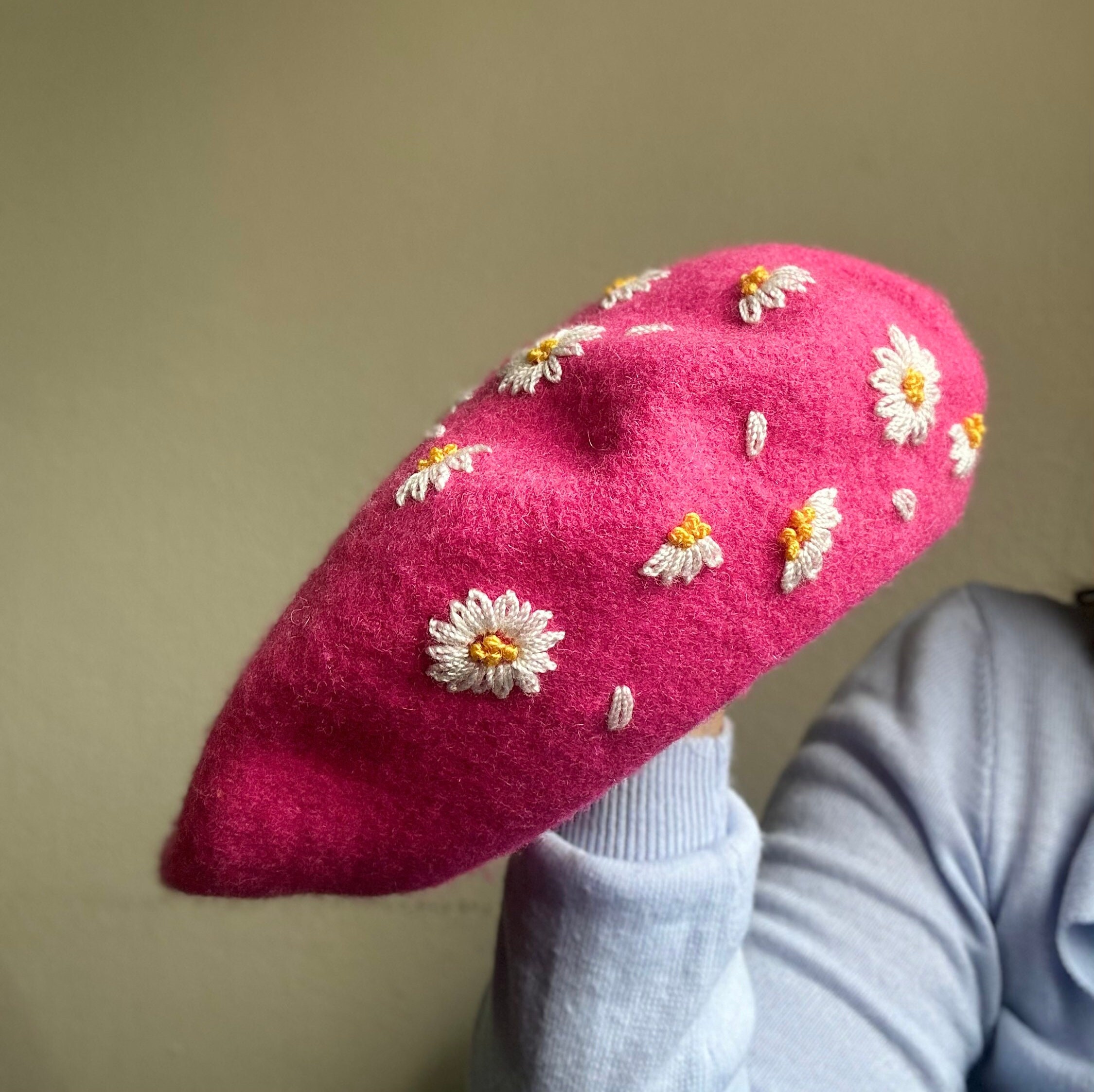 Fuchsia Pink French Beret, Hand Embroidered 100% Wool Beret, French Hat ...