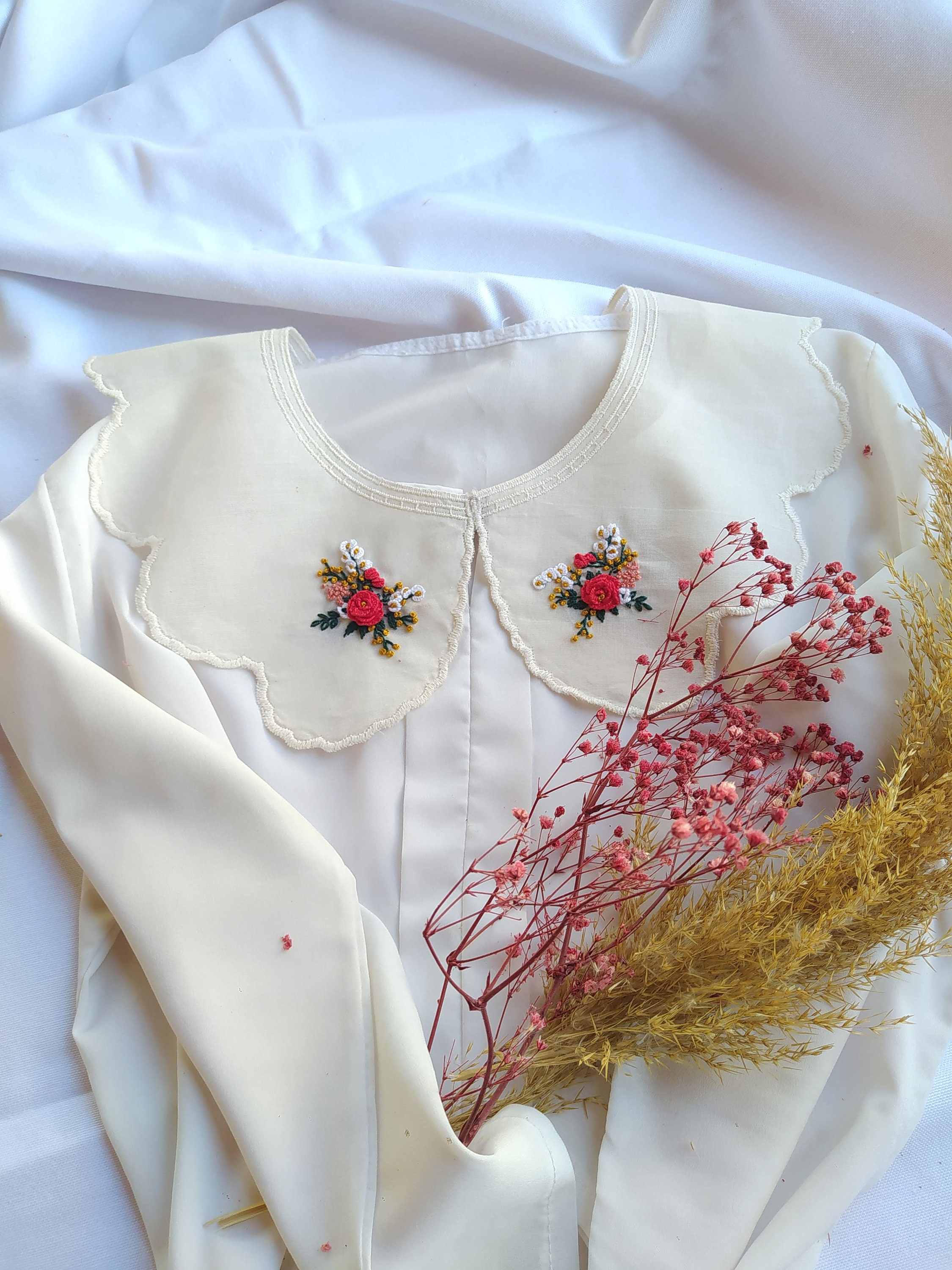 Hand Embroidered Detachable Collar, Cotton Collar, Patterned Cream ...