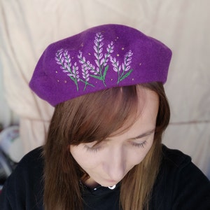 Purple Wool French Beret, Hand Embroidered 100% Wool Beret, Purple ...