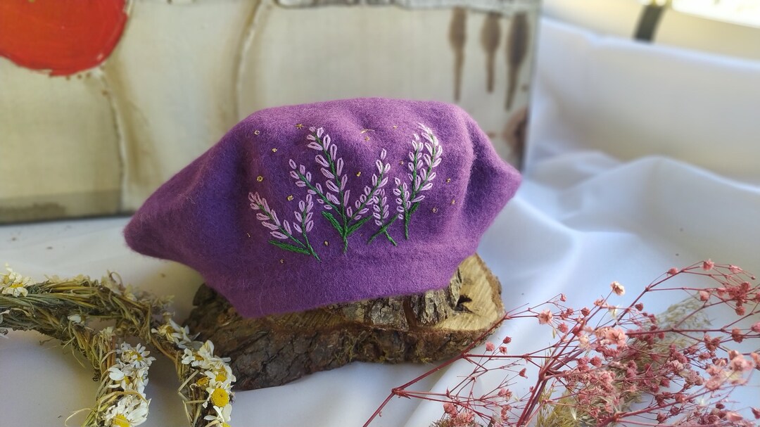 Purple Wool French Beret, Hand Embroidered 100% Wool Beret, Purple ...