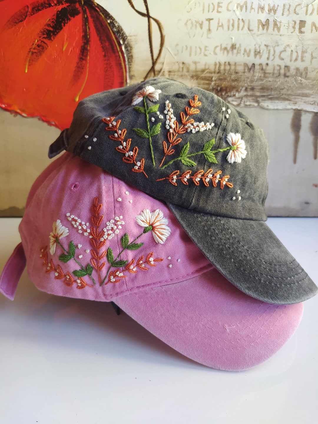 Baseball Hat, Hand Embroidered Hat, Floral Embroidered Denim Cap ...